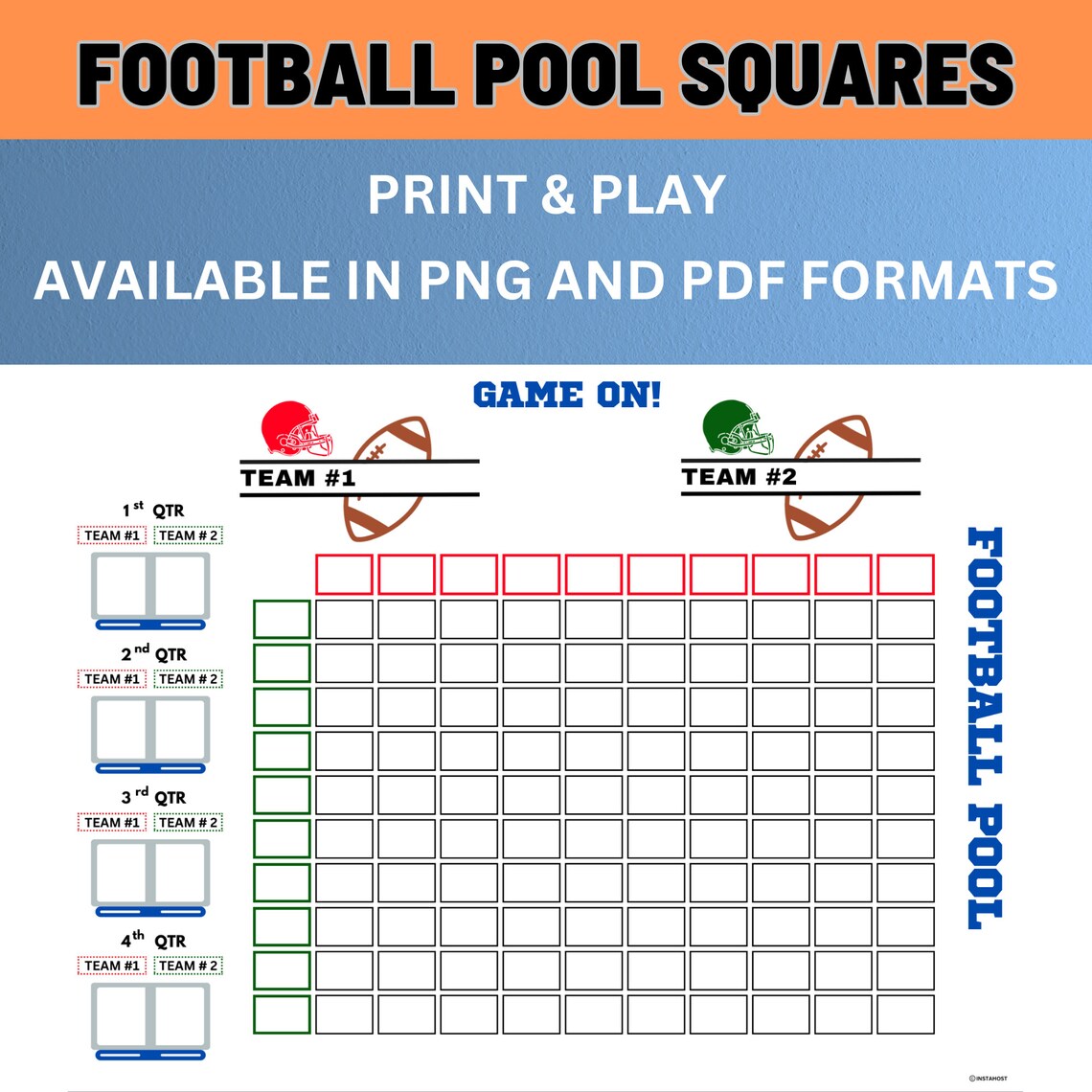 100 Football Squares Form | INSTANT DOWNLOAD | Football Pool | Football ...