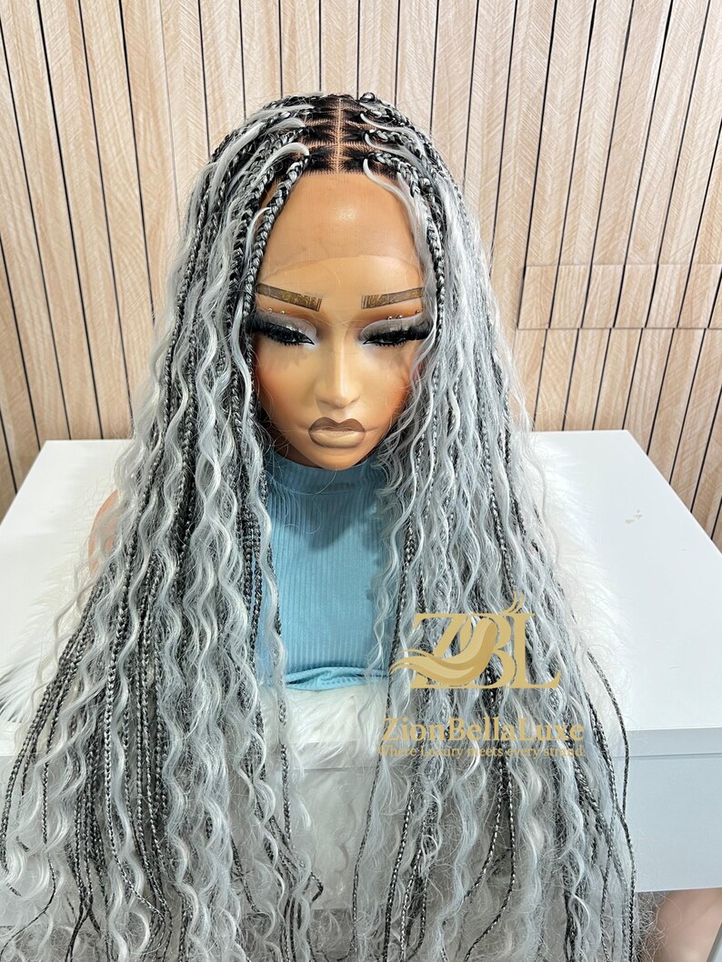 Salt and Pepper Goddess Braided Wig: Boho Lace Front, Knotless Cornrow ...