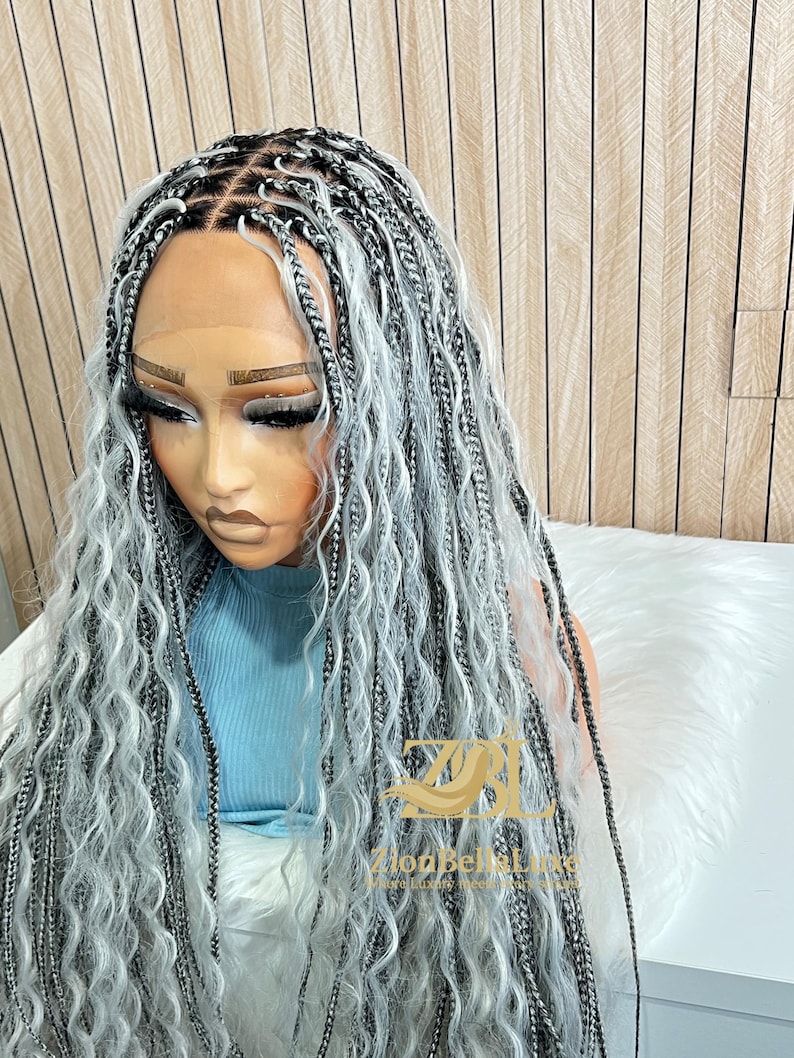 Salt and Pepper Goddess Braided Wig: Boho Lace Front, Knotless Cornrow ...