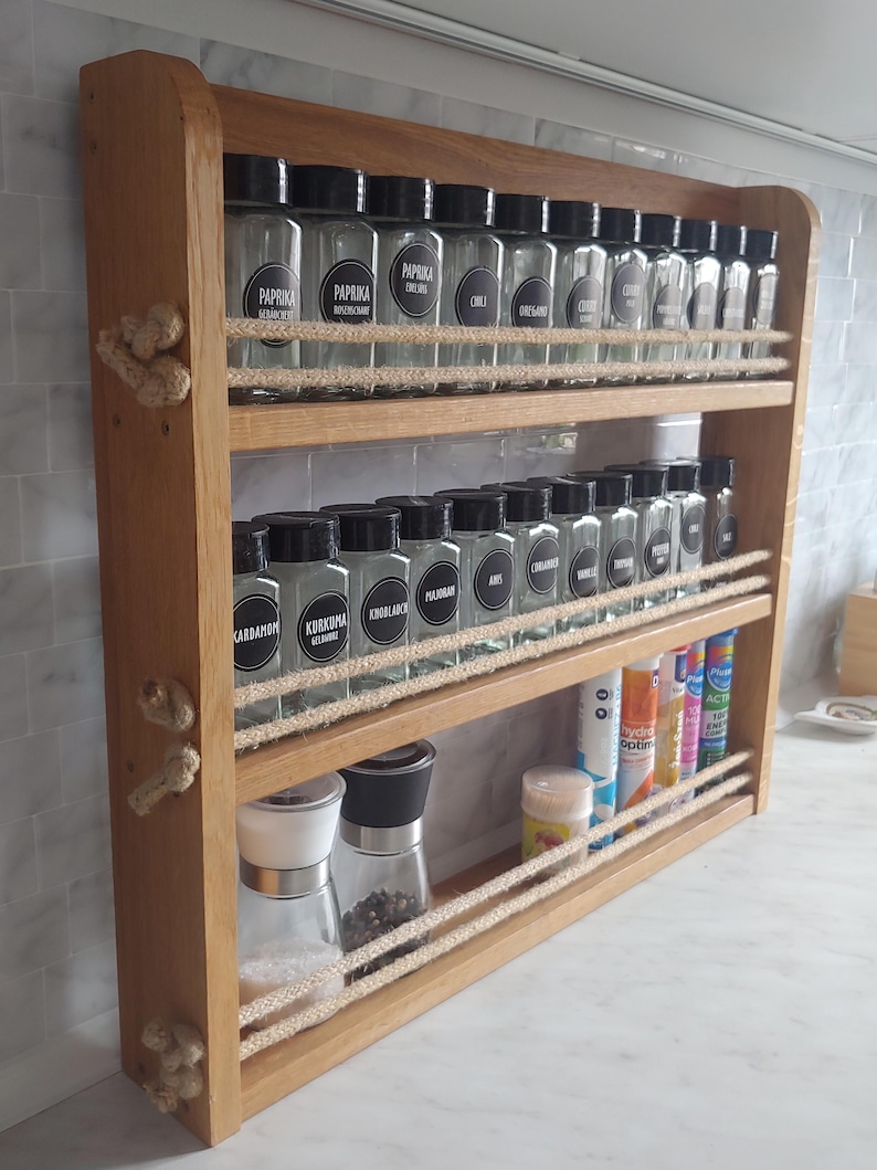 Spice Rack Wooden With Rope Rails, Spice Holder, Spice Organizer ...