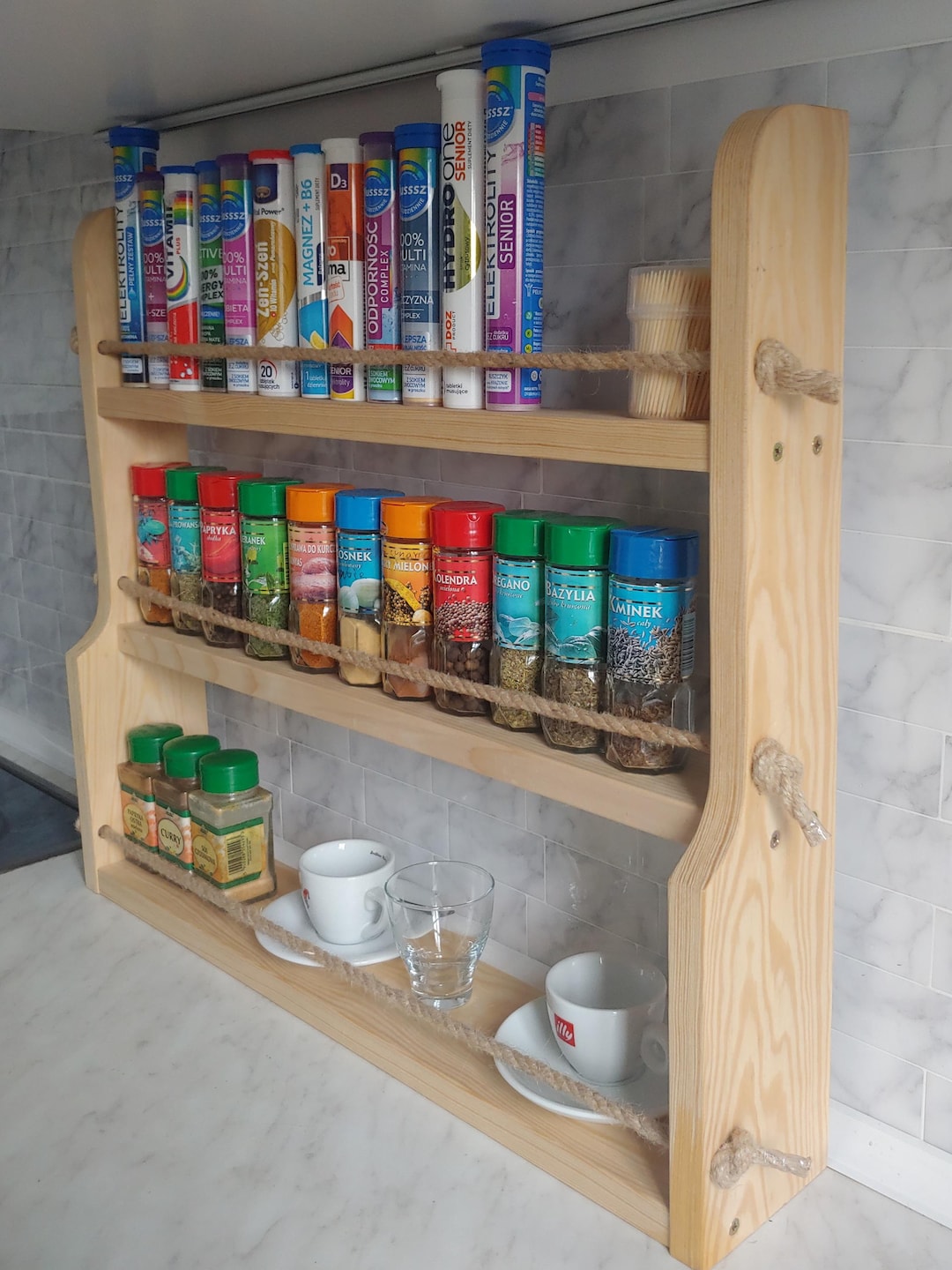 Spice Rack Large Wooden With Rope Rails, Spice Holder, Spice Organizer ...