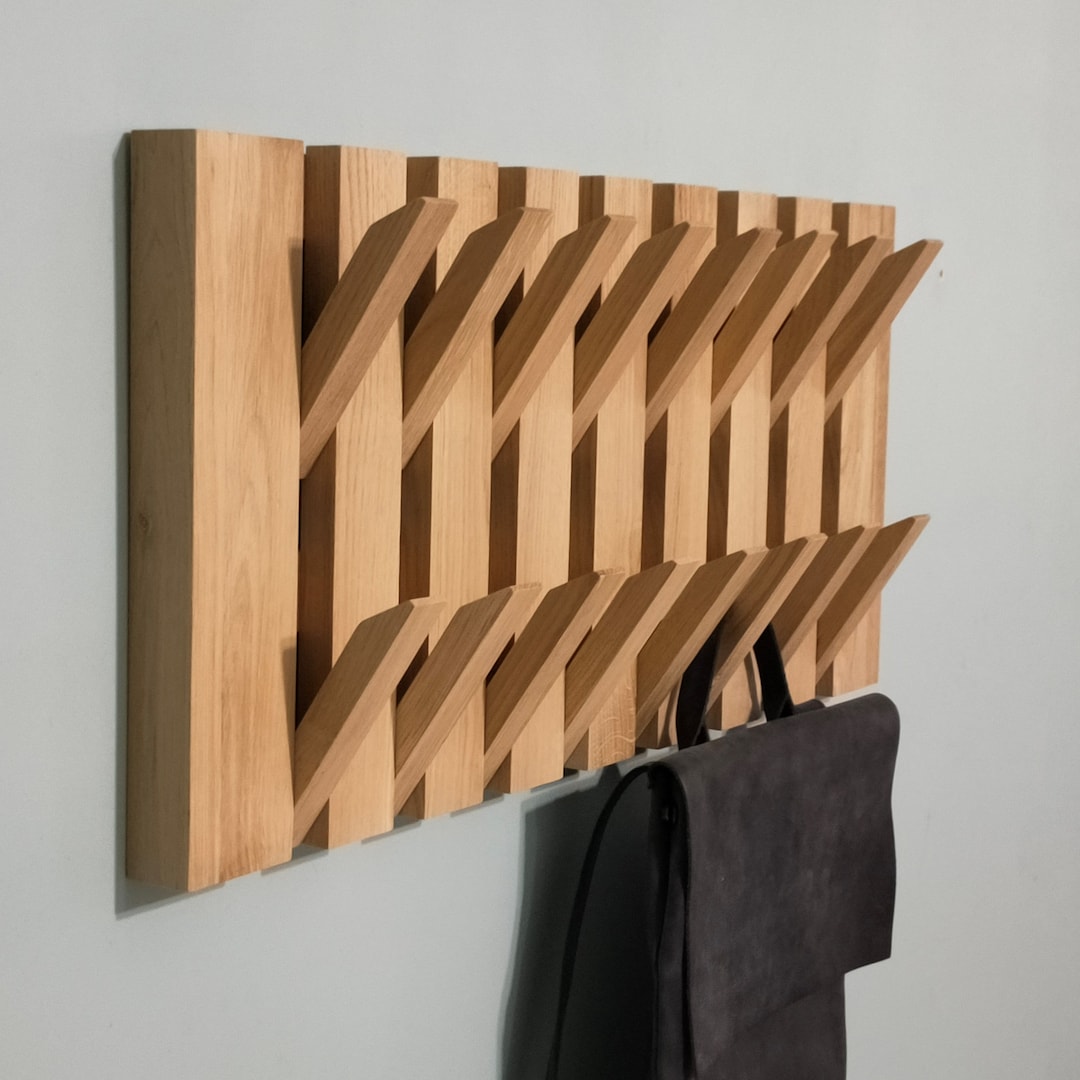 Piano Oak With Oak Hook 2-tiers Coat Rack, Modern Wood Wall Hanger ...