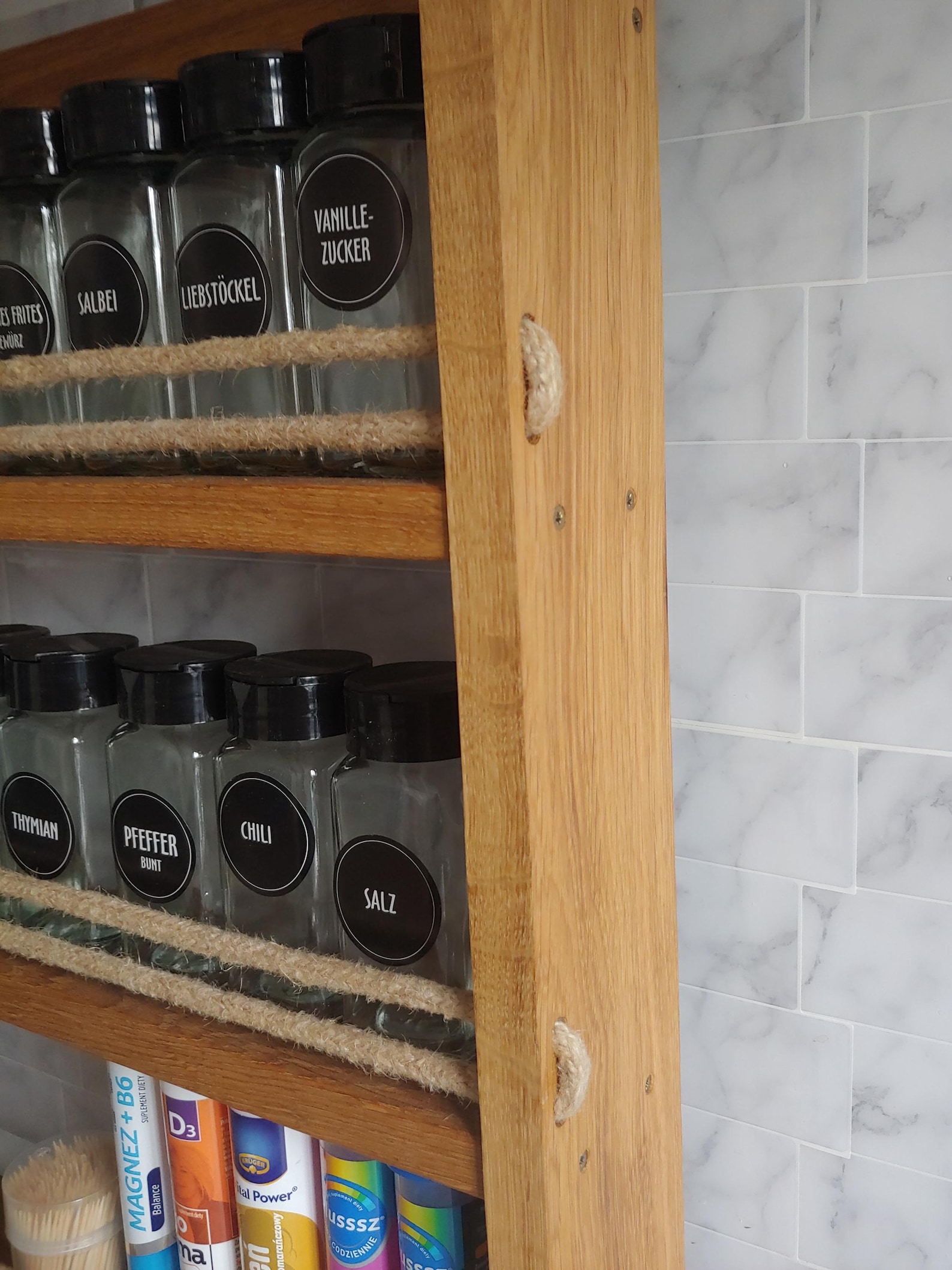 Spice Rack Wooden With Rope Rails, Spice Holder, Spice Organizer ...