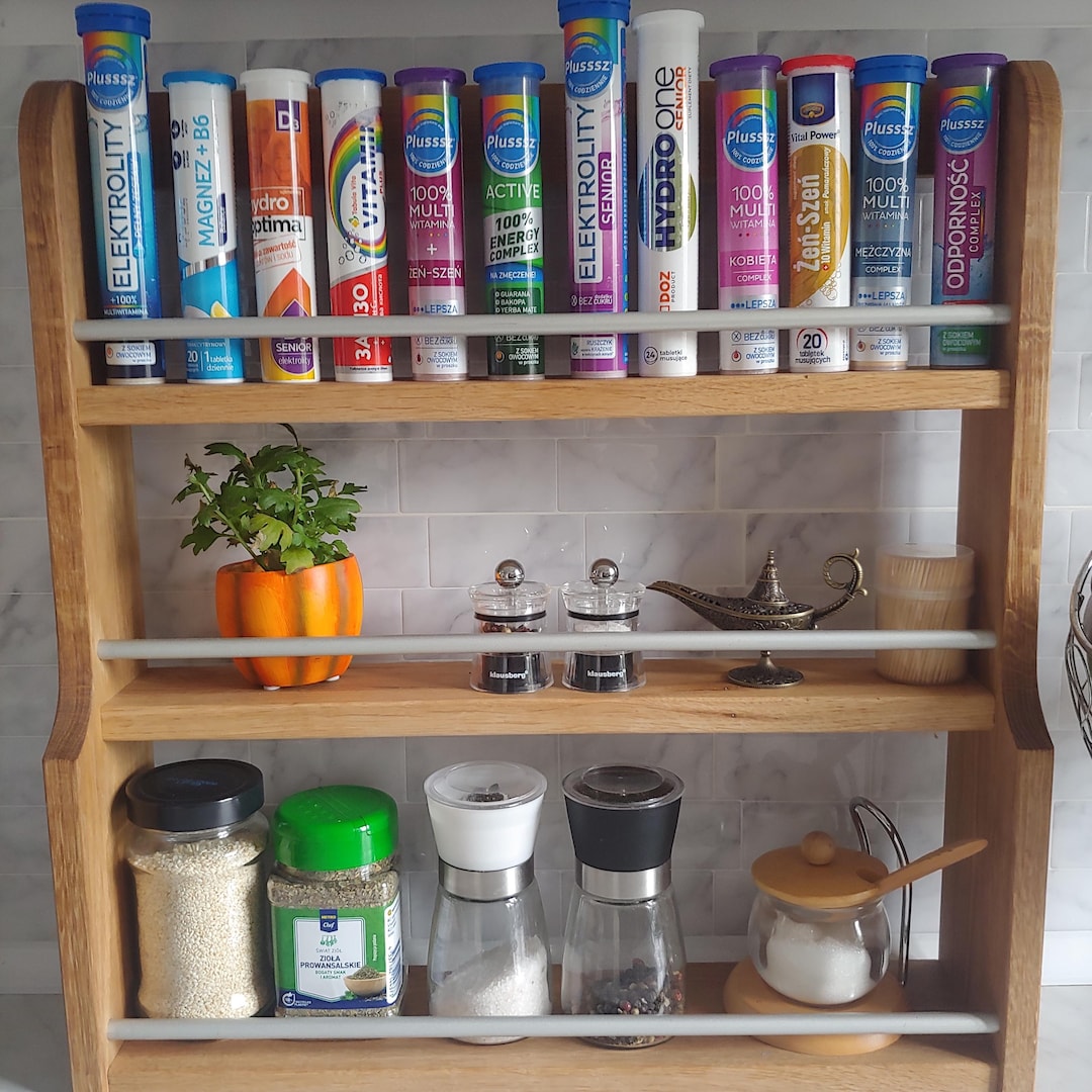 Wooden Spice Rack With Aluminium Rails, Spice Holder, Spice Organizer ...