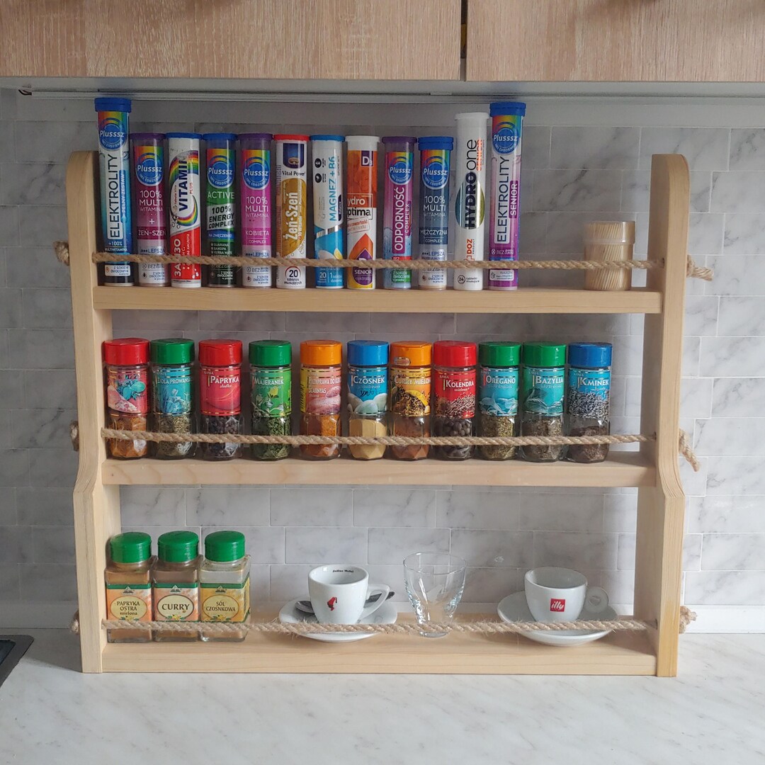Spice Rack Large Wooden With Rope Rails, Spice Holder, Spice Organizer ...