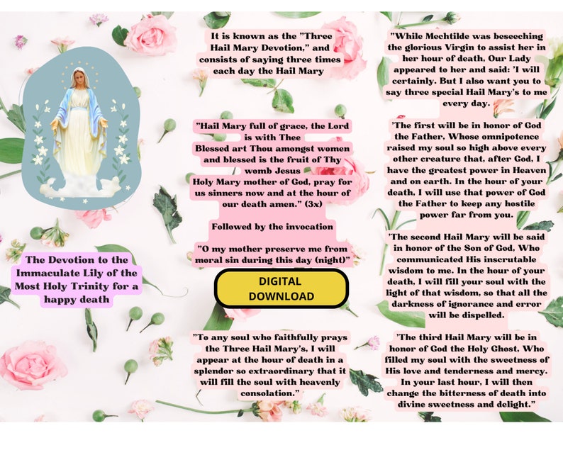 Printable Prayer Card Hail Mary, 3 Hail Mary of the White Lily Devotion ...