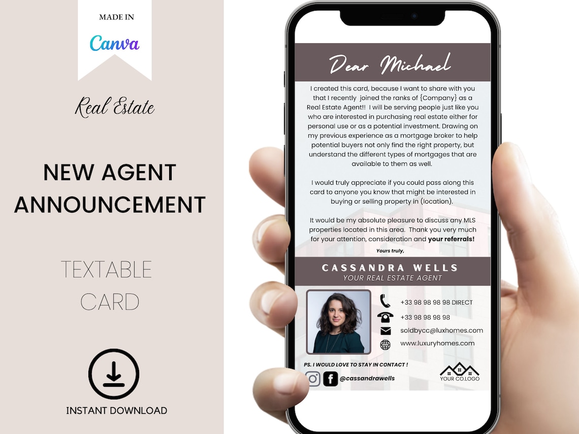 New Real Estate Agent Textable Announcement Letter Digital - Etsy