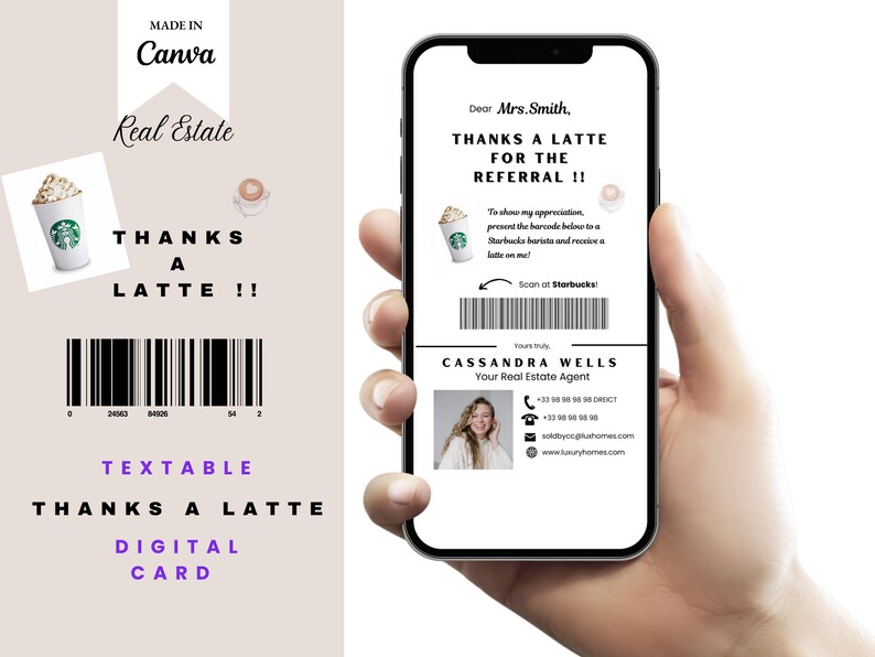 Thanks A Latte Digital Referral Card Starbucks Barcode Real - Etsy