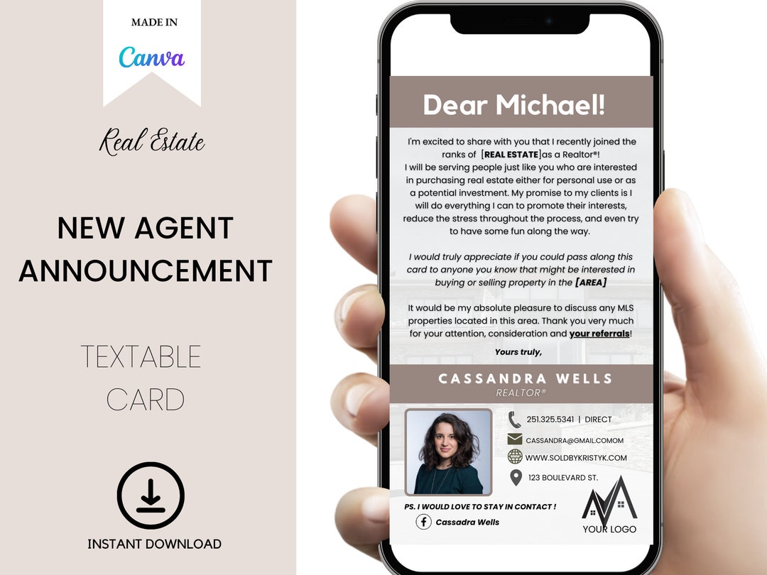 New Real Estate Agent Textable Announcement Letter Digital Card ...