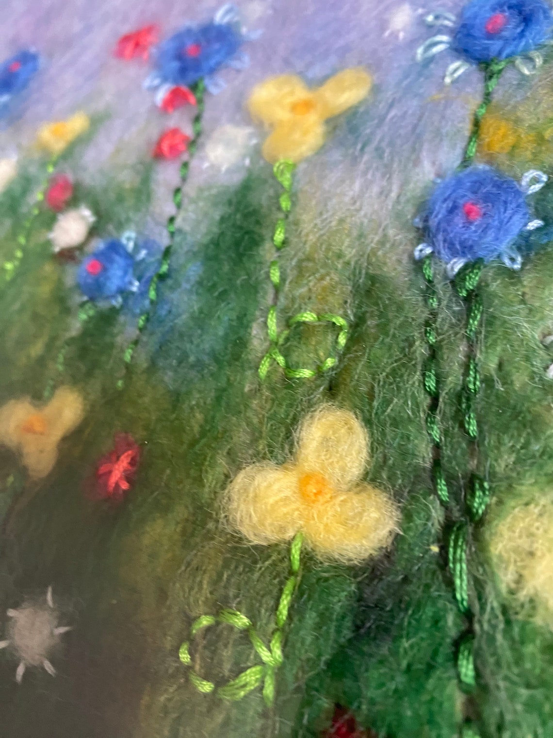 Wet Felted Wool Painting Meadow Flowers Embroidered Folk Art Sunny ...