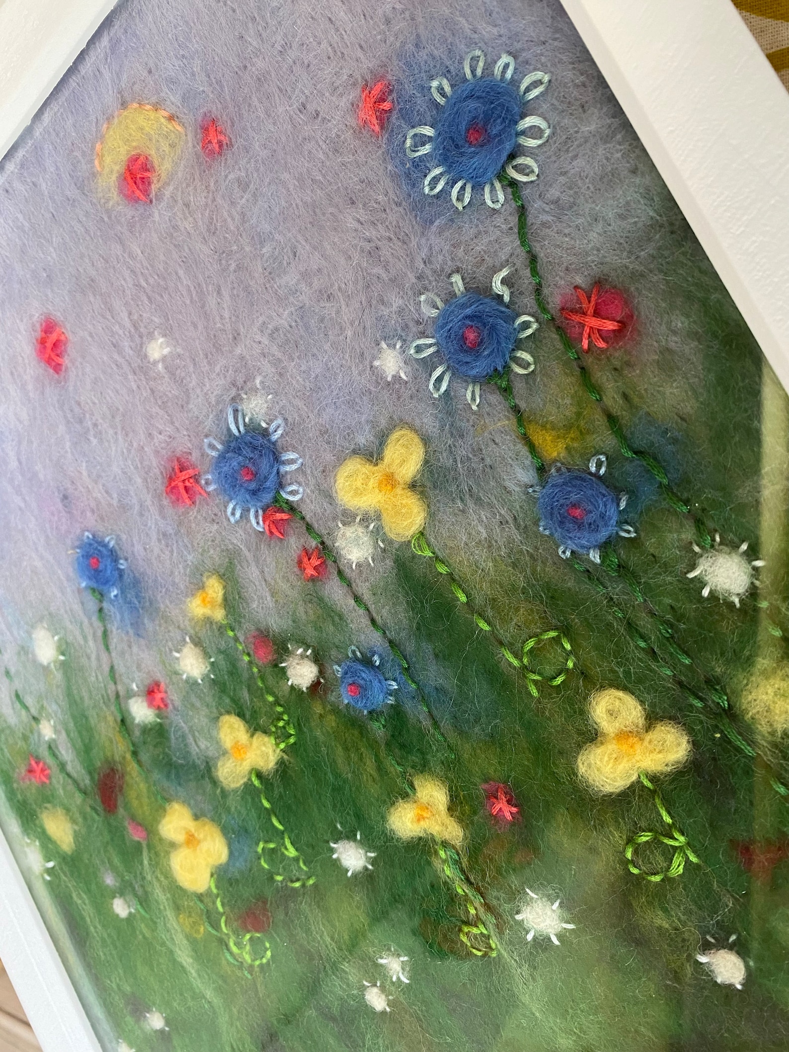 Wet Felted Wool Painting Meadow Flowers Embroidered Folk Art Sunny ...