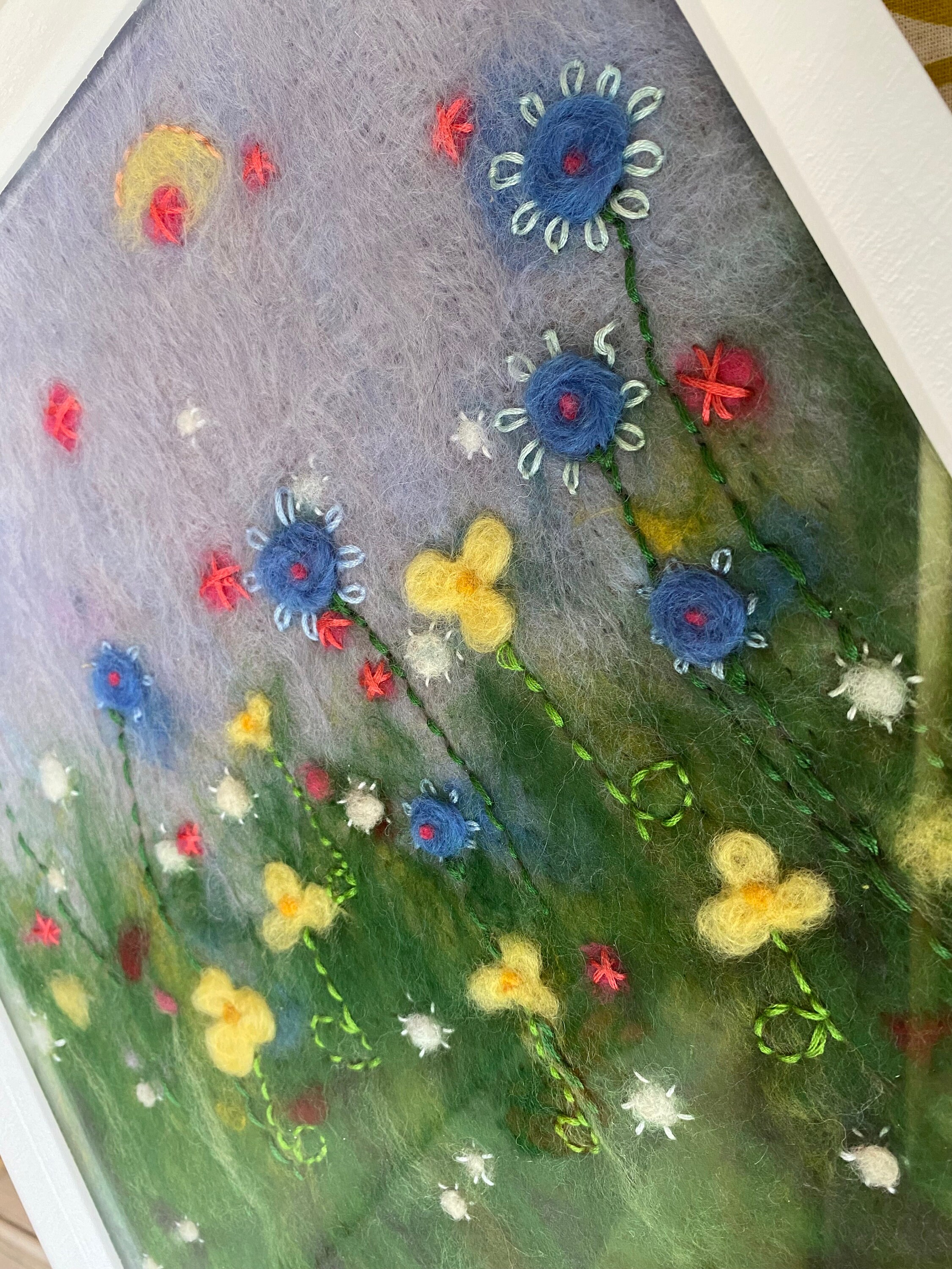 Wet Felted Wool Painting Meadow Flowers Embroidered Folk Art Sunny ...