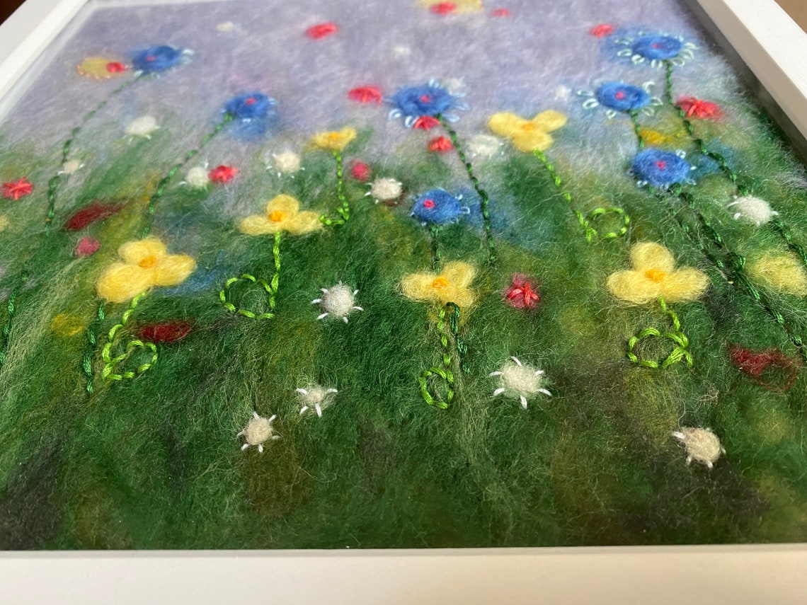 Wet Felted Wool Painting Meadow Flowers Embroidered Folk Art Sunny ...