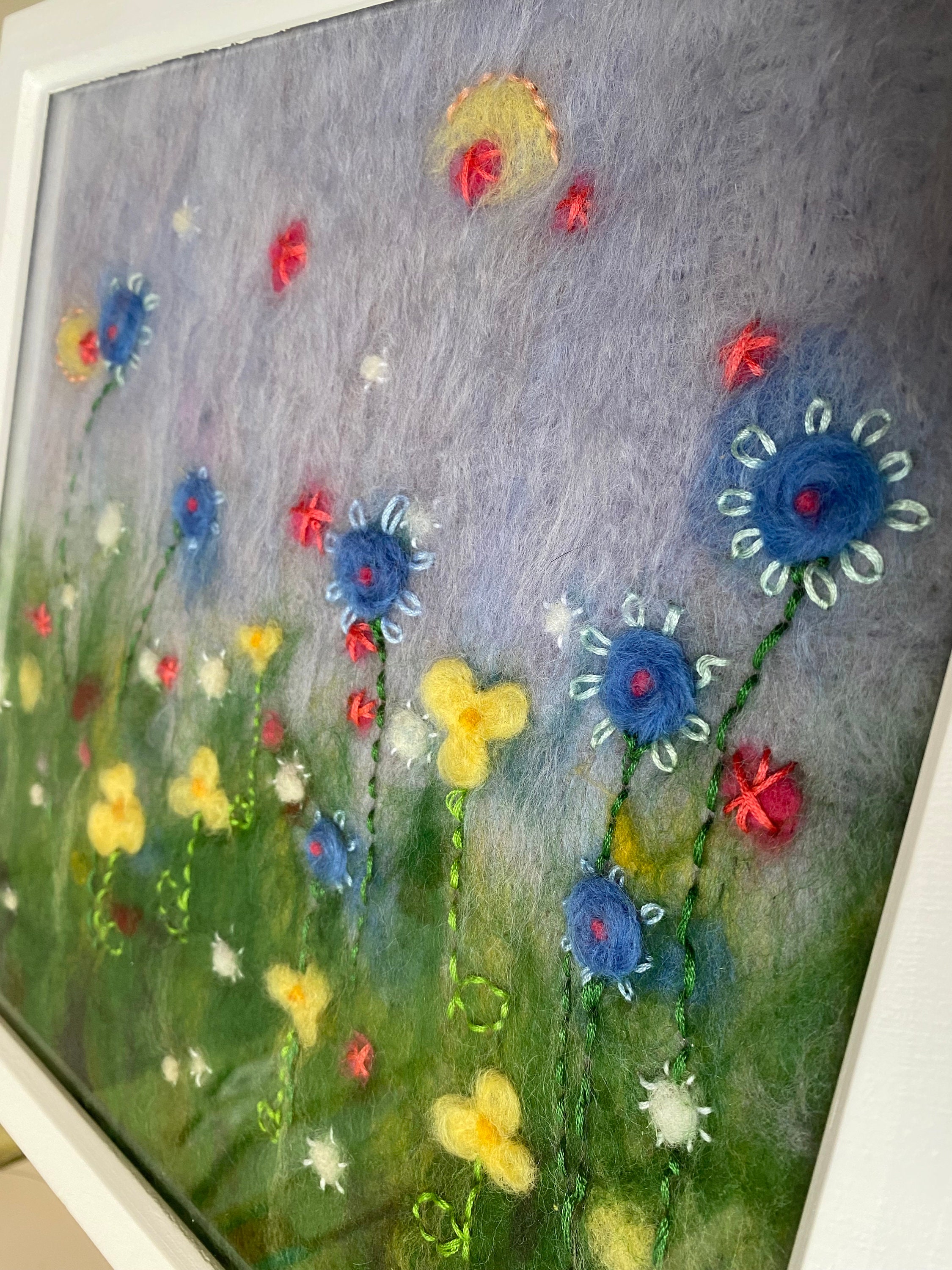 Wet Felted Wool Painting Meadow Flowers Embroidered Folk Art Sunny ...