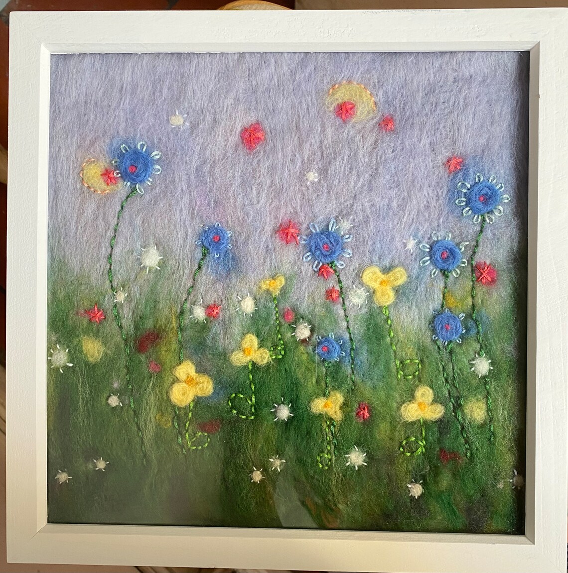 Wet Felted Wool Painting Meadow Flowers Embroidered Folk Art Sunny ...