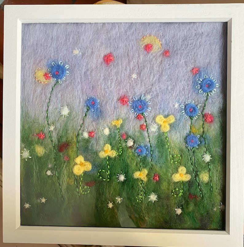 Wet Felted Wool Painting Meadow Flowers Embroidered Folk Art Sunny ...