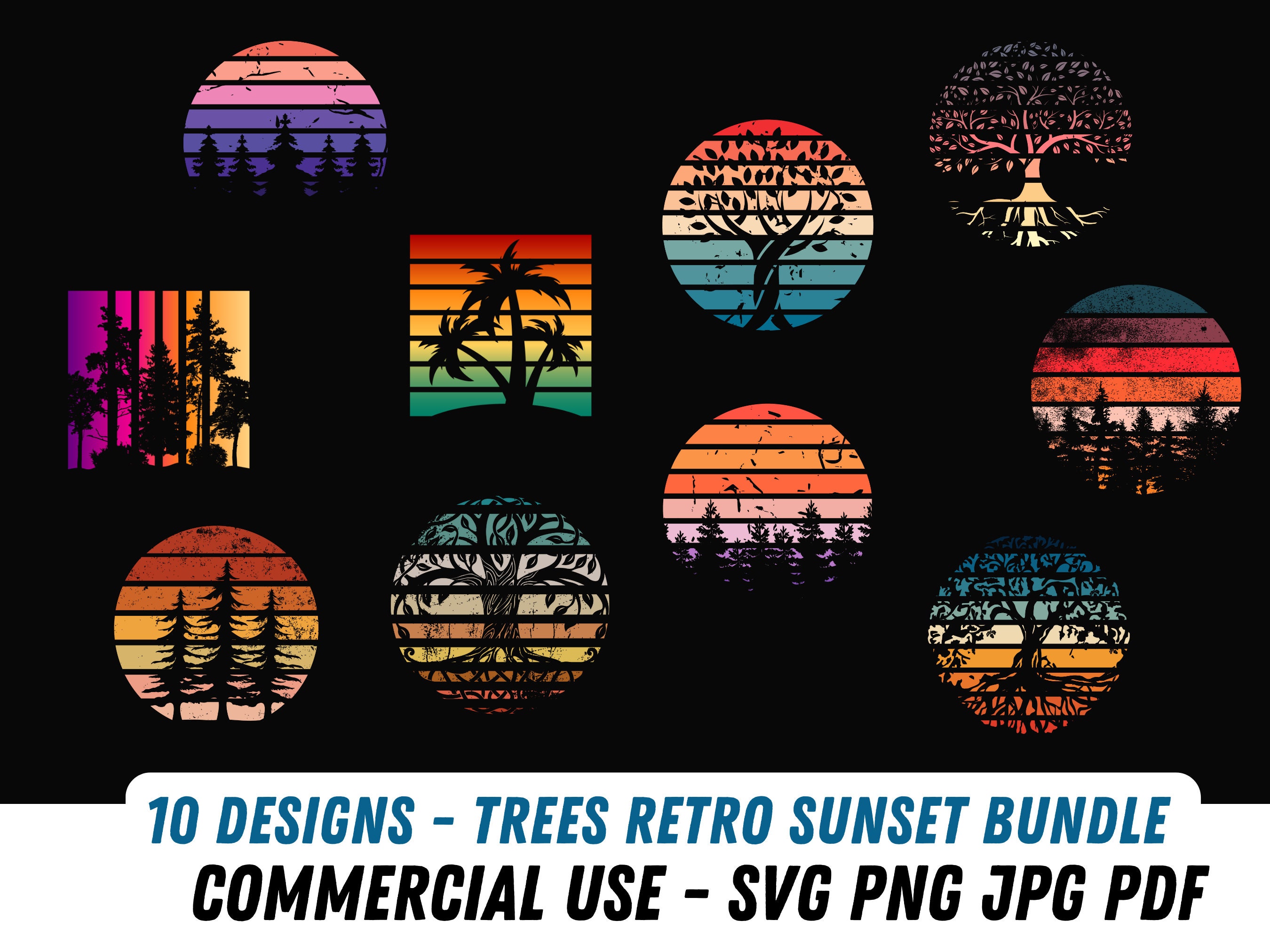 Trees Bundle SVG Trees Retro Sunset Png Digital File Retro Sunset ...