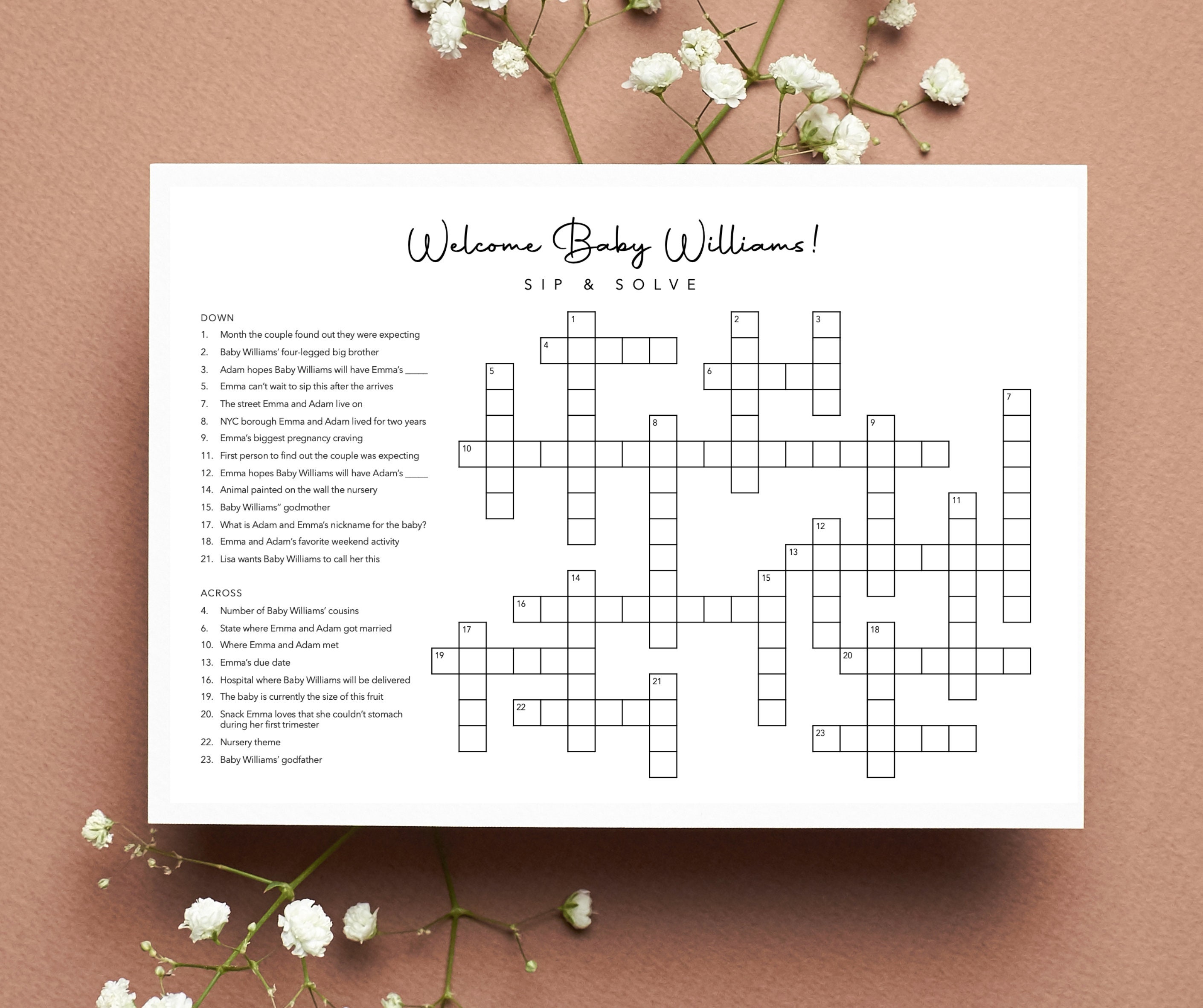 Custom Baby Shower Crossword Puzzle Modern Personalized Baby Sprinkle ...