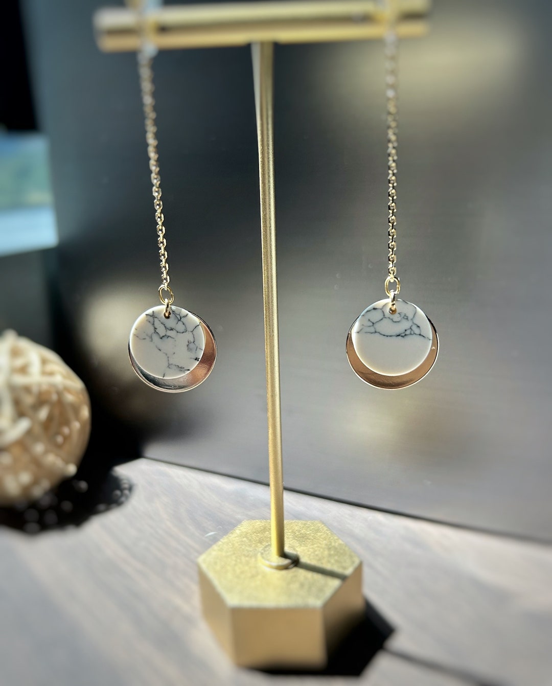 Round Disc Dangle Clip On, Invisible Clip On, Howlite Clip On, Painless ...