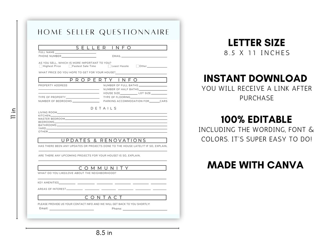 Home Seller Questionnaire Sheet, Buyer Survey, Fillable PDF, Editable ...