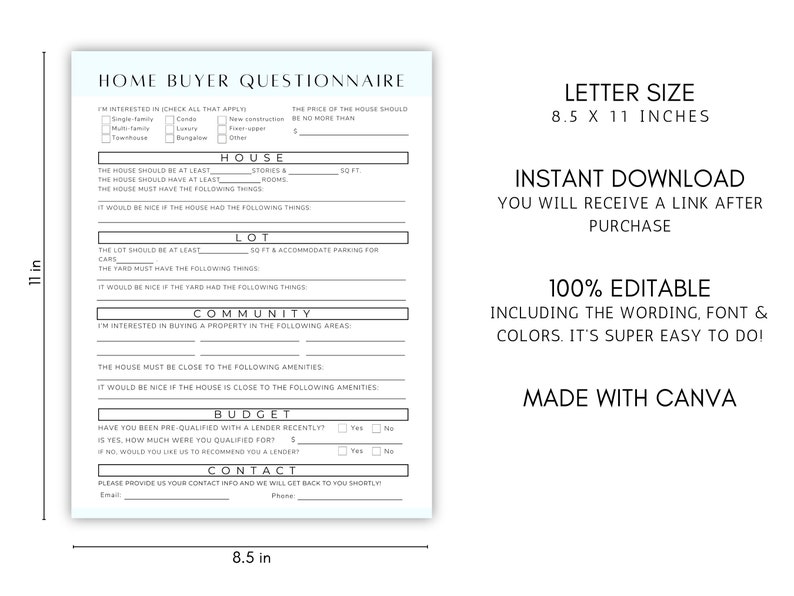 Home Buyer Questionnaire Sheet, Buyer Survey, Fillable PDF, Editable ...