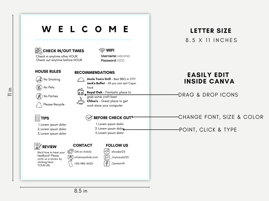 Printable Airbnb Welcome Sign: House Rules, Editable Canva Template ...