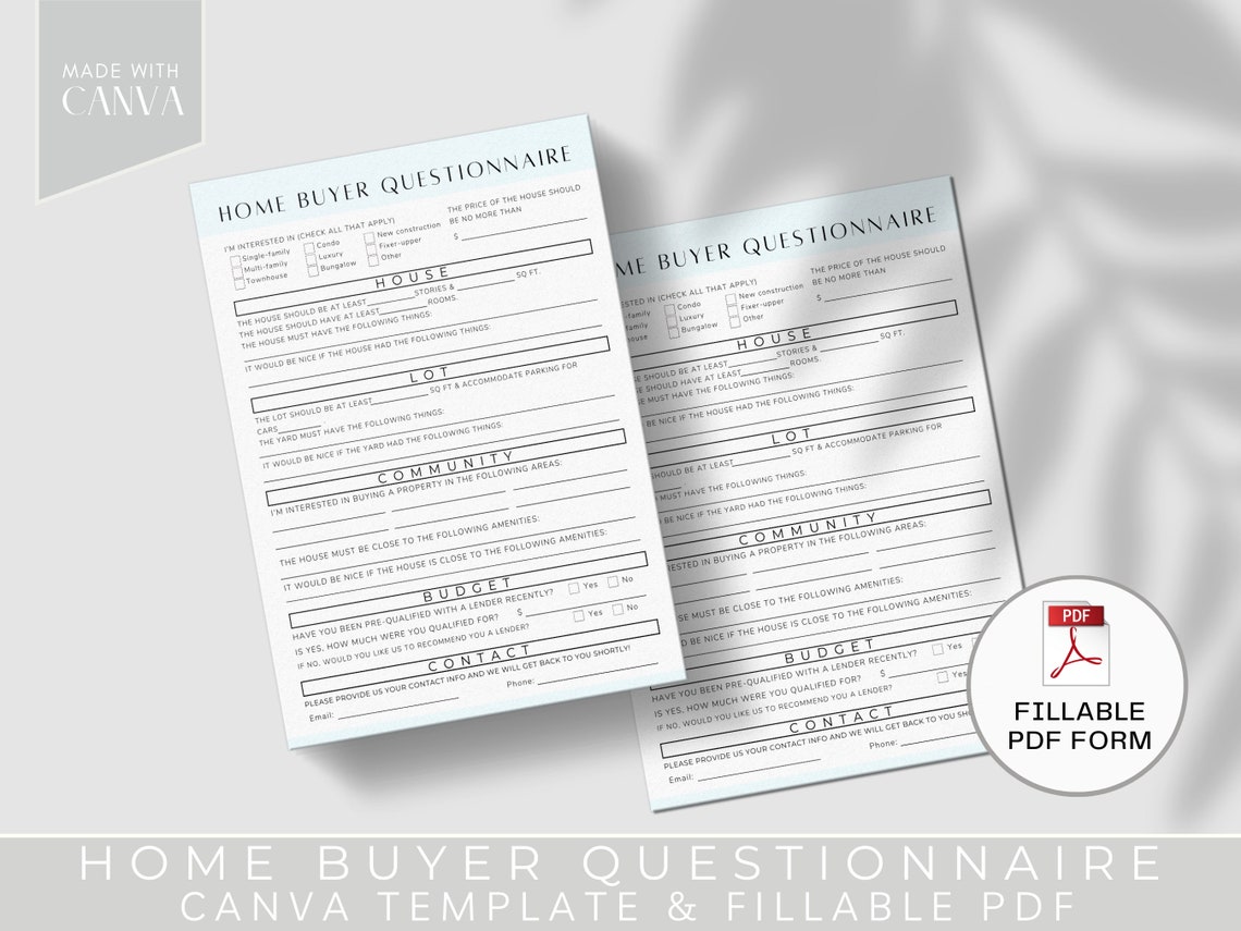 Home Buyer Questionnaire Sheet, Buyer Survey, Fillable PDF, Editable ...
