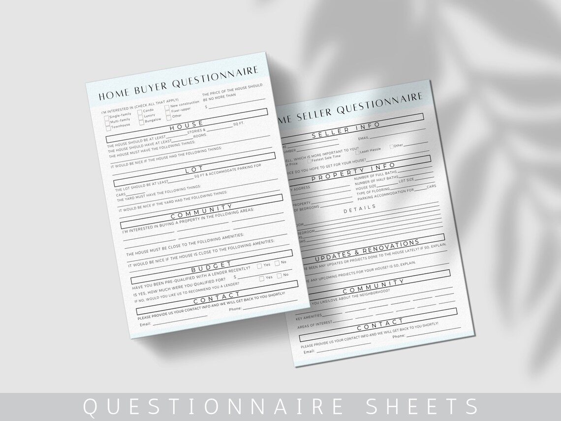 Real Estate Questionnaire Bundle, Home Buyers & Home Sellers, Fillable ...