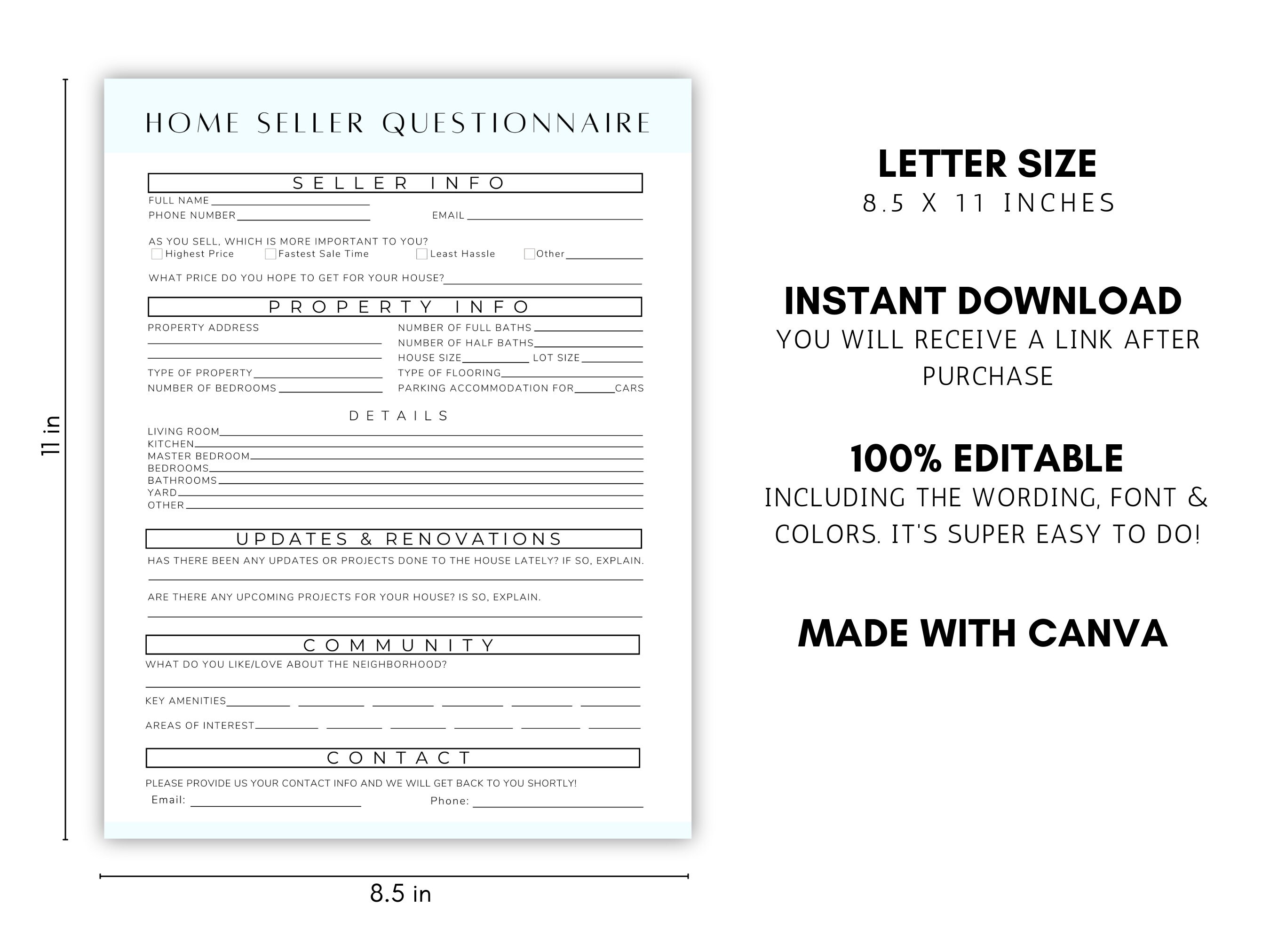 Real Estate Seller Questionnaire Packet, Pre-market Listing Survey ...