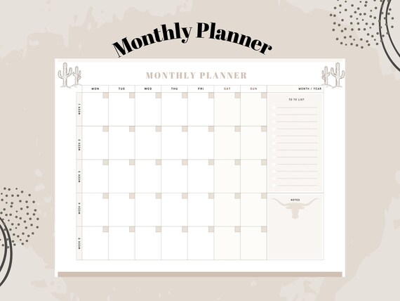 Monthly Planner Printable Monthly Planner Digital Monthly - Etsy