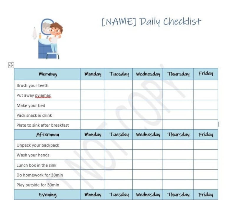 BLUE Daily Checklist Kids Routine Duties Jobs Template - Etsy Australia