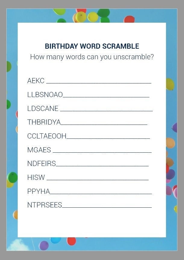 Birthday Word Scramble KIDS Fun Ready to Use DIGITAL Instant Download ...