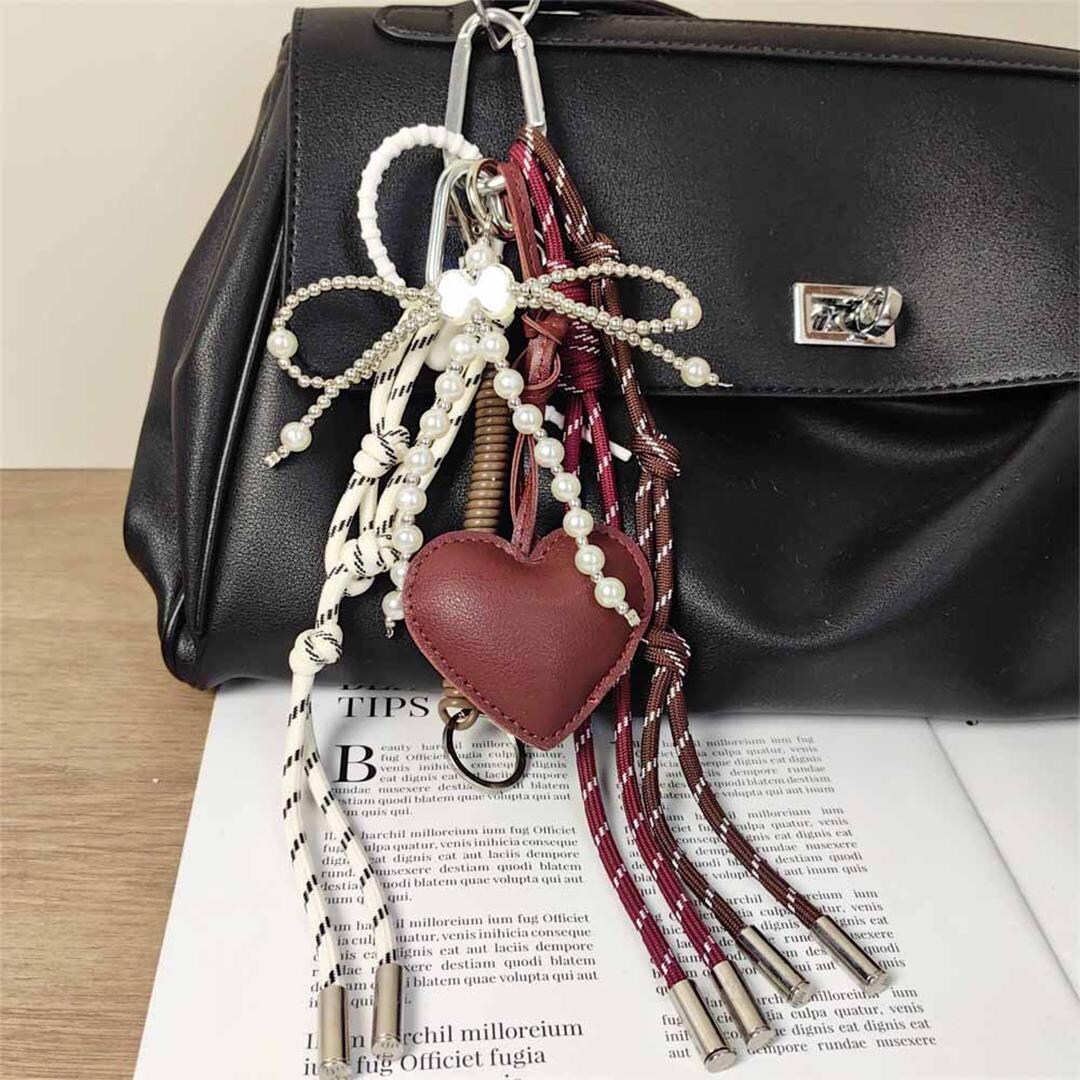 Burgundy Heart Bag Charms, Ropes and Vintage Pearl Bow Keychain, Y2k ...