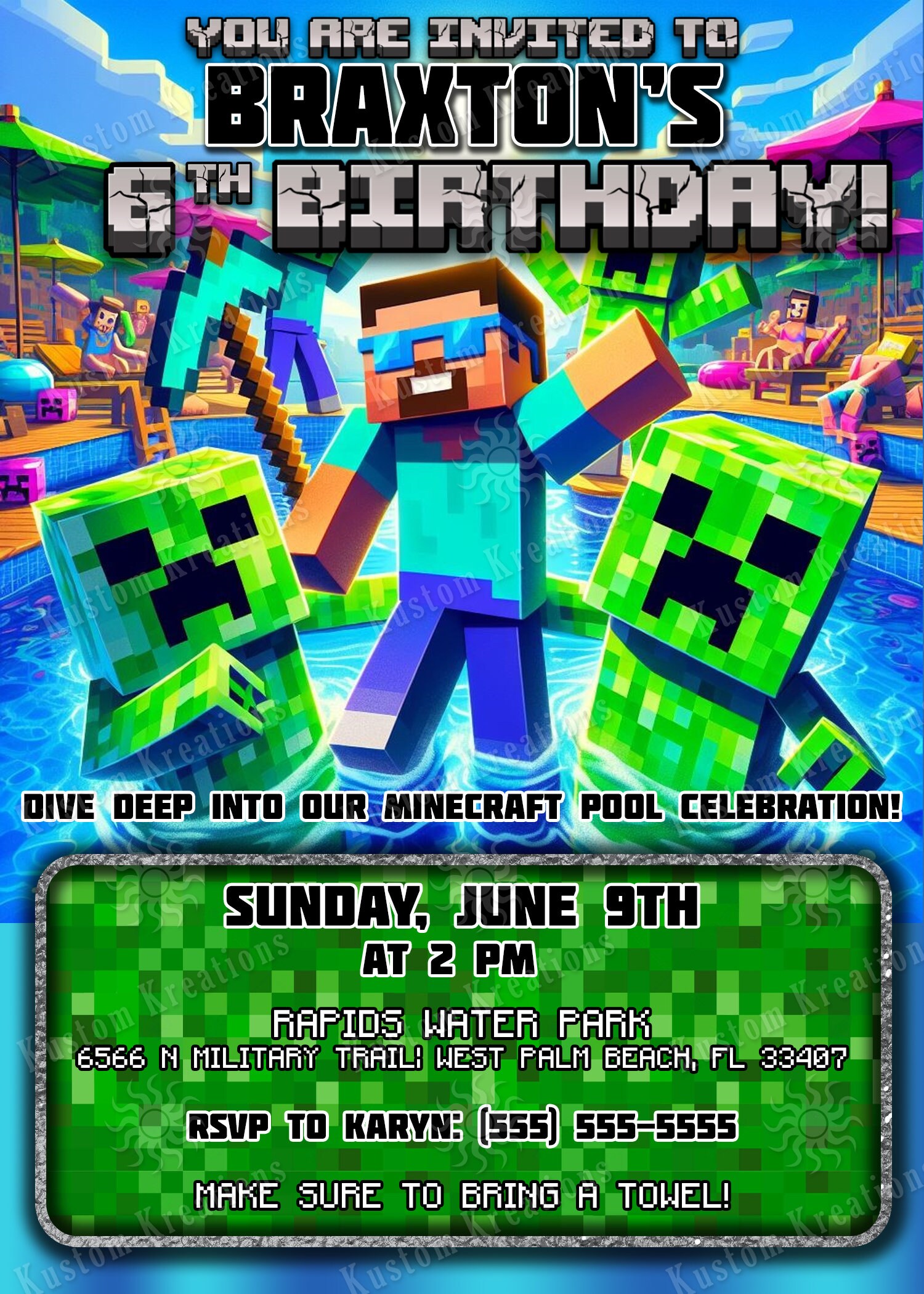 Minecraft Pool Party Birthday Invitation - Etsy