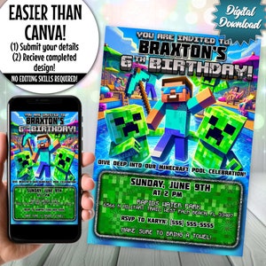 Minecraft Pool Party Birthday Invitation - Etsy