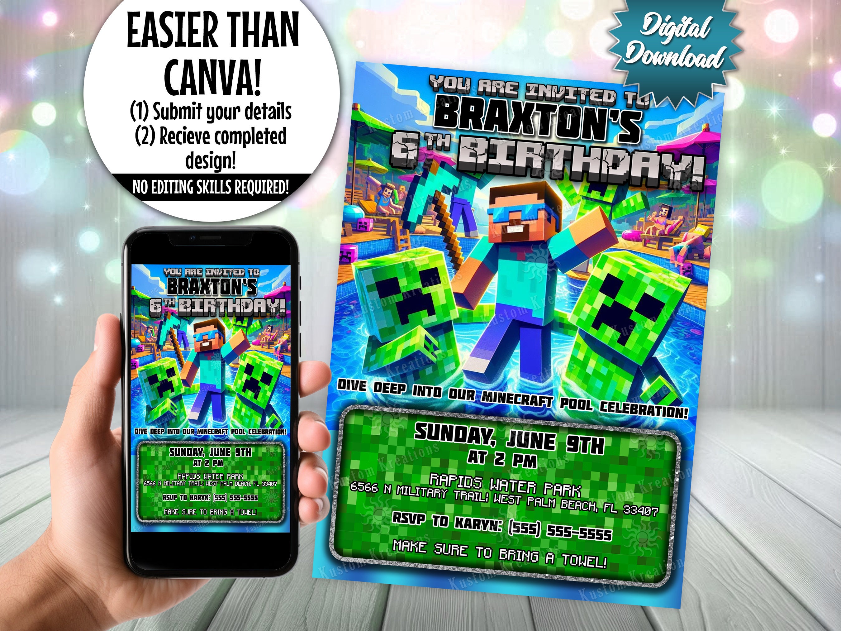 Minecraft Pool Party Birthday Invitation - Etsy