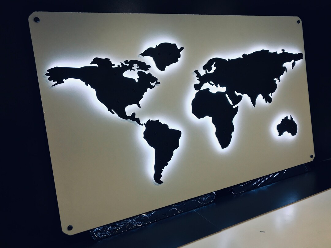 World Map White LED - Wall Decor / Wood World Map, Wooden Maps, Home ...