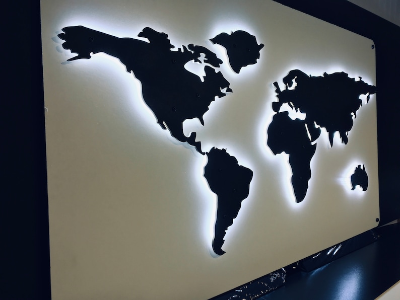 World Map White LED - Wall Decor / Wood World Map, Wooden Maps, Home ...