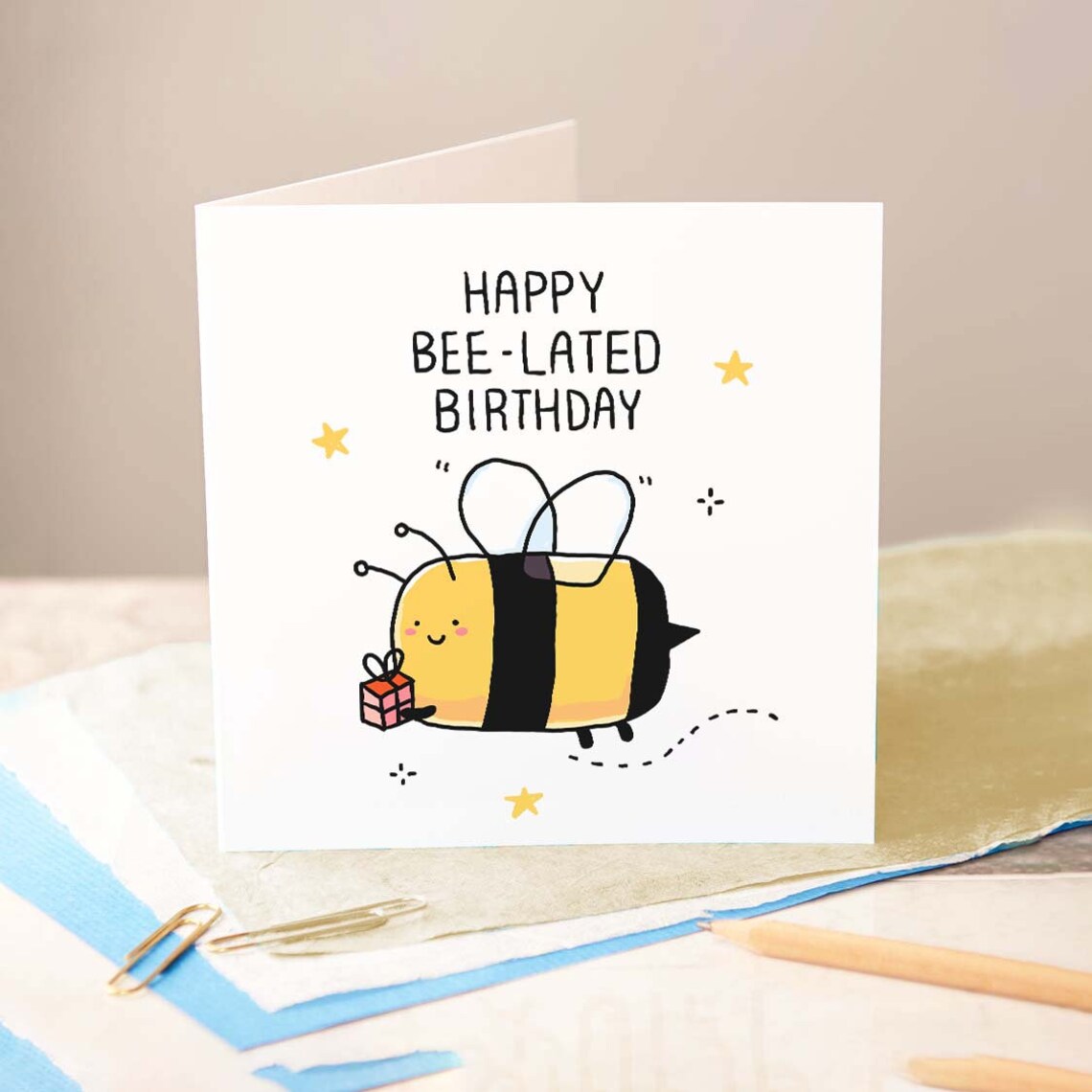 Cute Belated Birthday Card, Late Birthday Card, Bee Hand Drawn Greeting ...