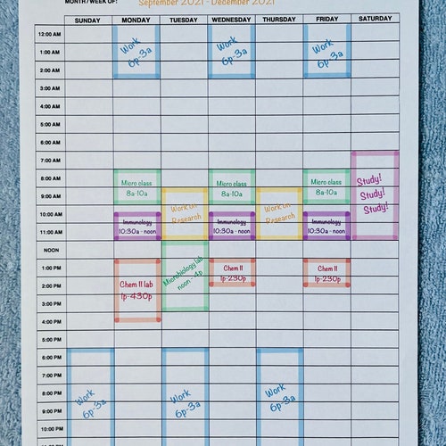 24 Hour Hourly Weekly Schedule Night Shift Schedule - Etsy