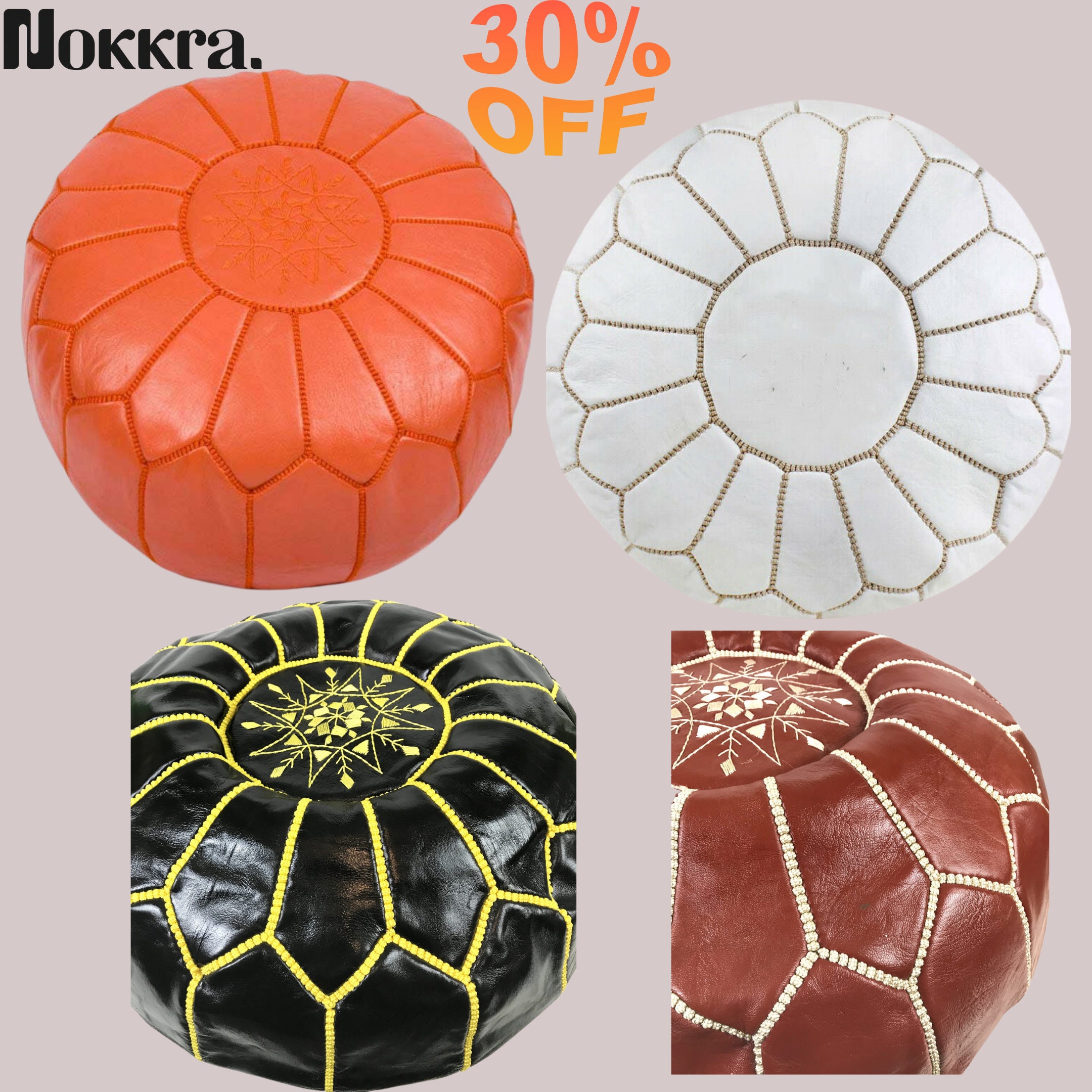 Round Brown Leather Moroccan Pouf Pouffe With White - Etsy