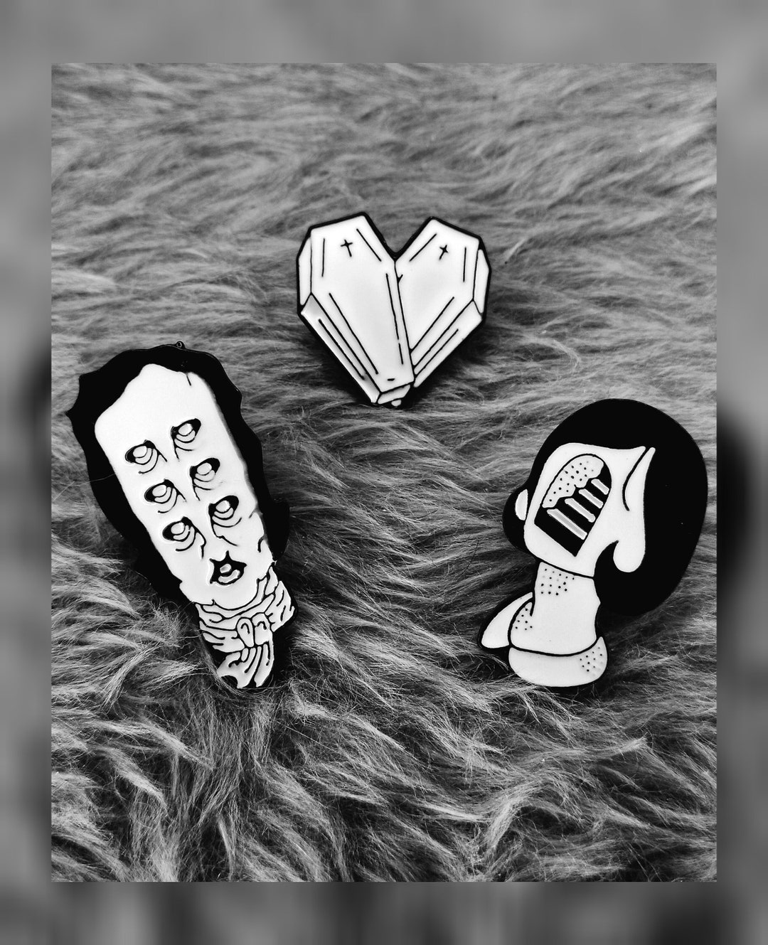 Goth Enamel Pin Collectible Brooch Coffin Heart Poe Black and White Emo ...