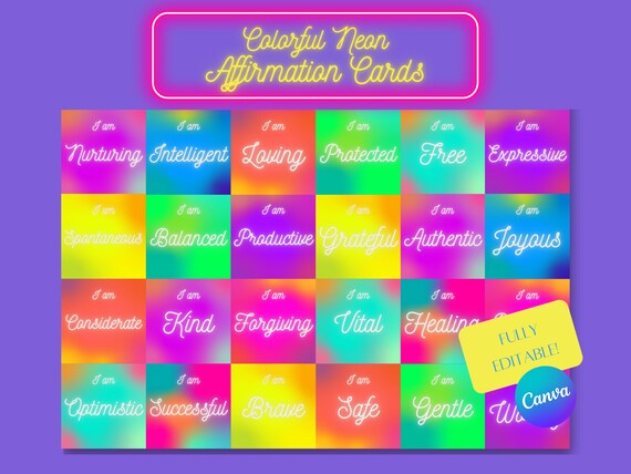 Colorful Neon Affirmation Cards | Etsy