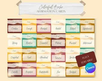 Boho Affirmation Cards Printable Set of 20 Empowering Positive Affirmations Unique Handmade ...