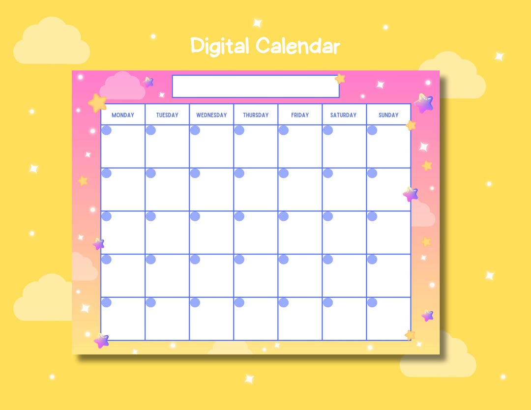 Calendar Pink Sky Star Printable Calendar Cute Undated Calendar Cute ...
