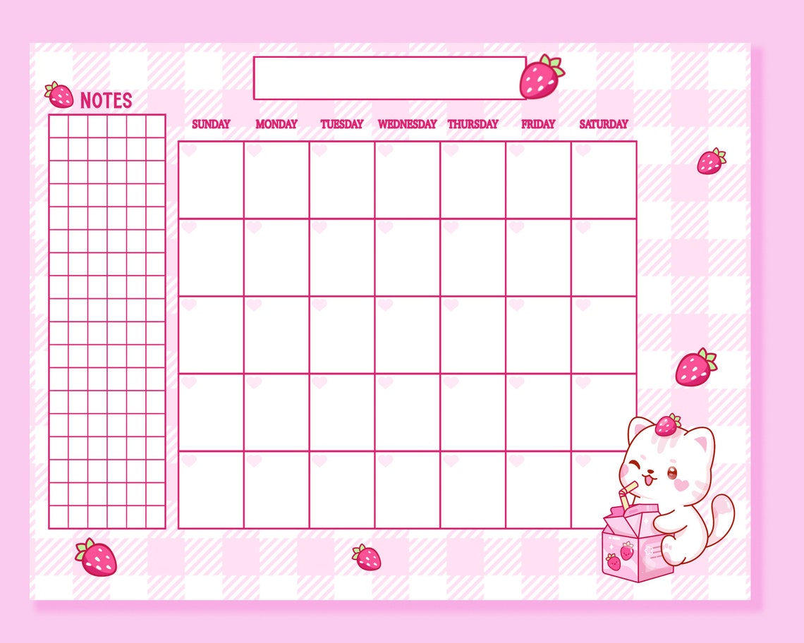 Pink Strawberry Printable Calendar Kawaii Cute Star Printable - Etsy