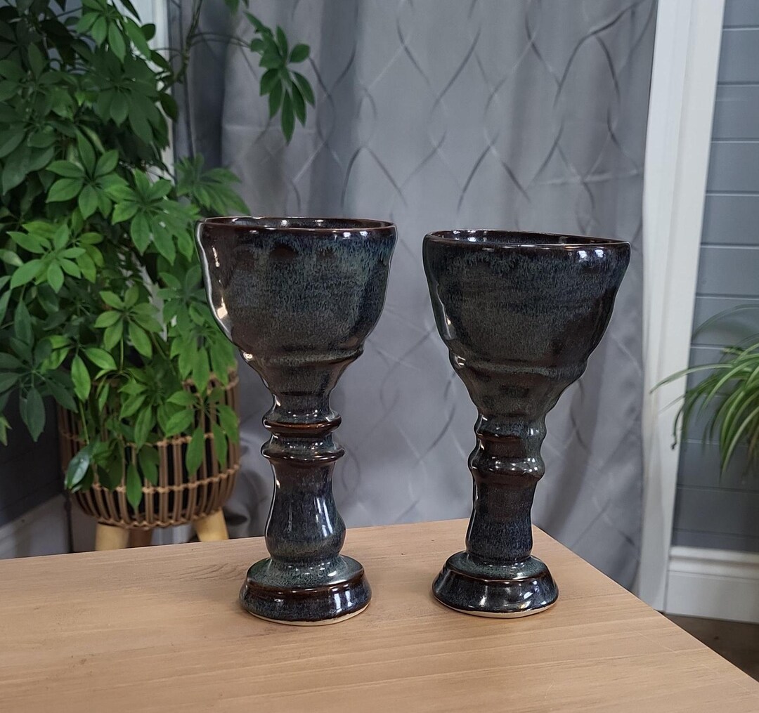 Signed Pair of Studio Pottery Blue and Brown Glazed Goblets - Signed ...