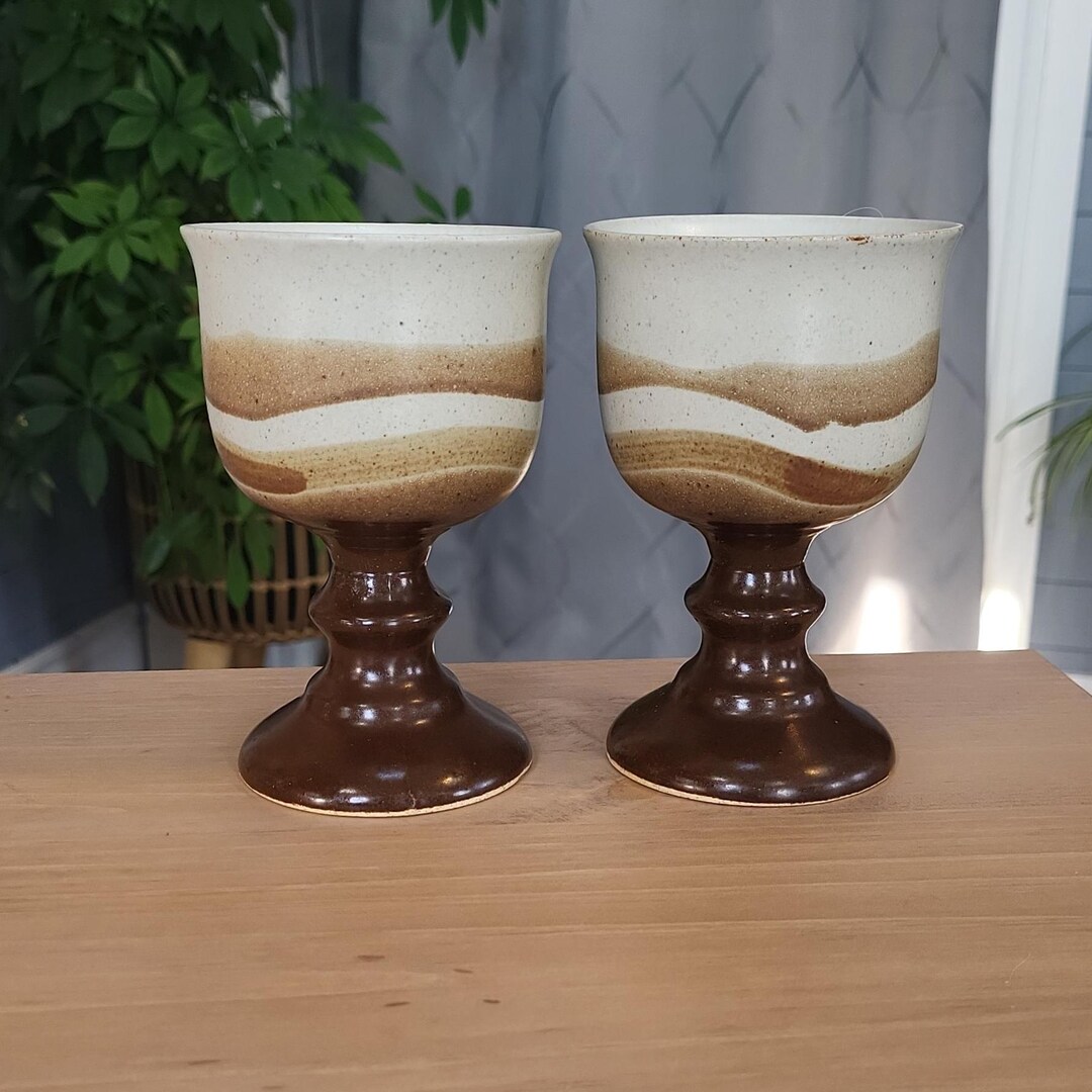 Vintage Otagiri Stoneware Goblets: Brown Ceramic Wine Glasses, Set of 2 ...