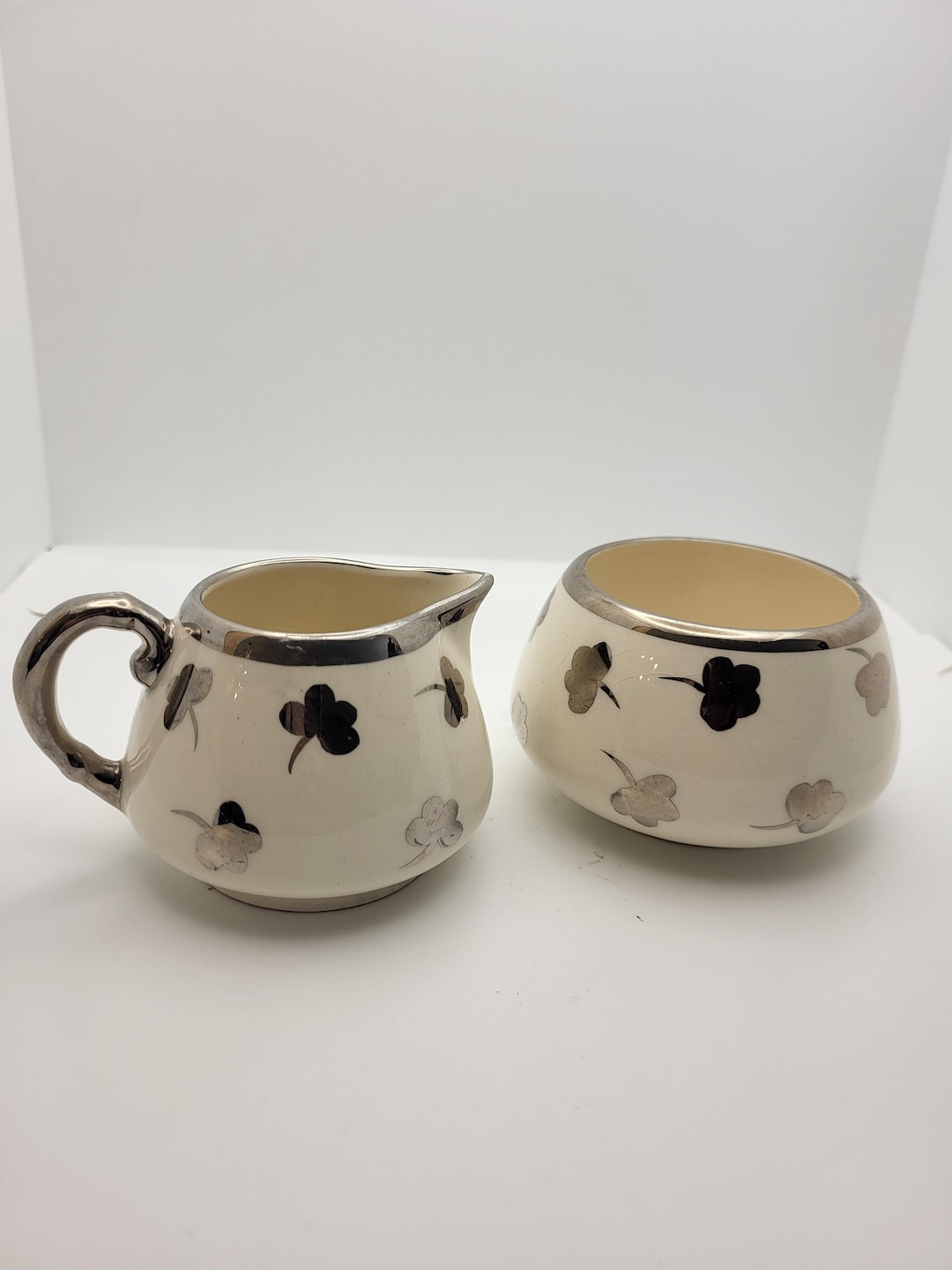Vintage Sandland Ware Cream and Sugar Set: Clover Pattern, Silver Trim ...