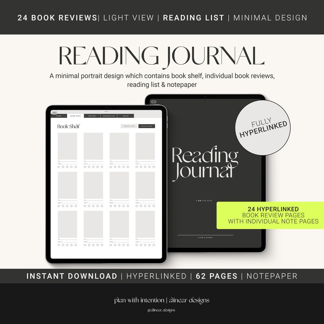 Minimal Reading Journal, Alinear Designs, Reading Tracker, Goodnotes ...